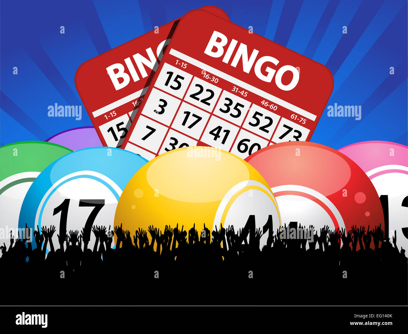 Bingo Balls and Cards on Blue Background with Crowd Stock Photo - Alamy