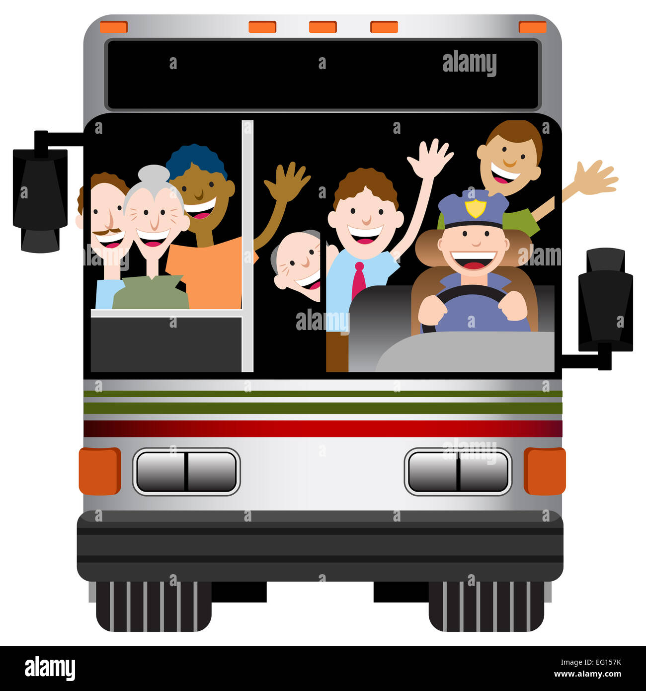 An image of the front view of a bus with driver and passengers Stock ...