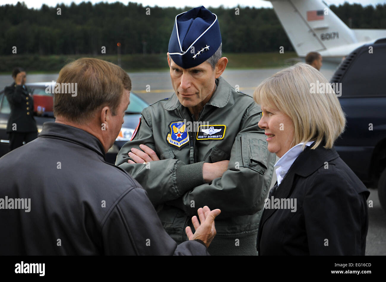 Gen. Norton Schwartz, Air Force Chief of Staff, is greeted by Lt. Gen. Dana T. Atkins, Alaskan ...