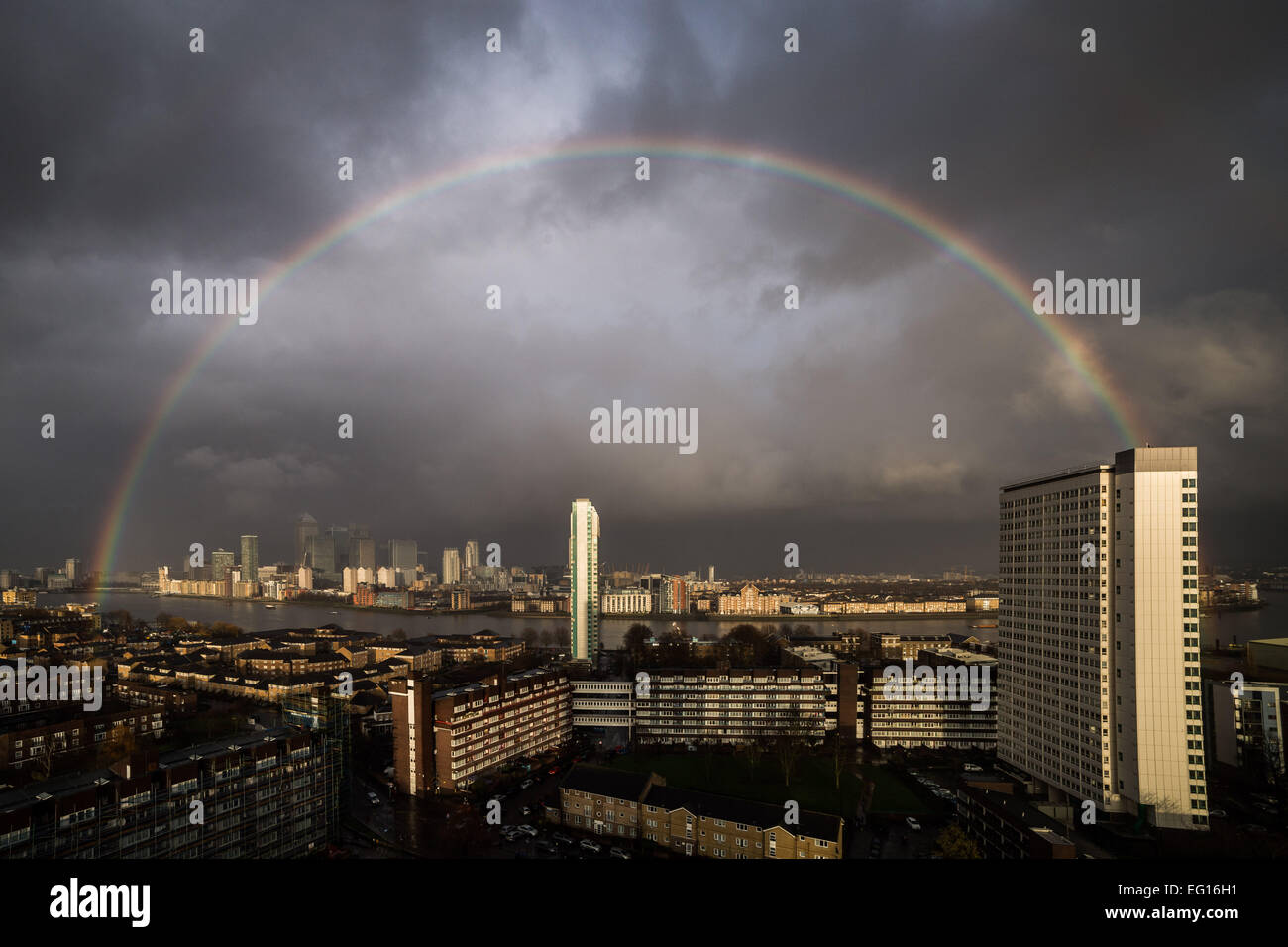 London, UK. 13th Feb, 2015. UK Weather: Massive Rainbow Breaks over ...