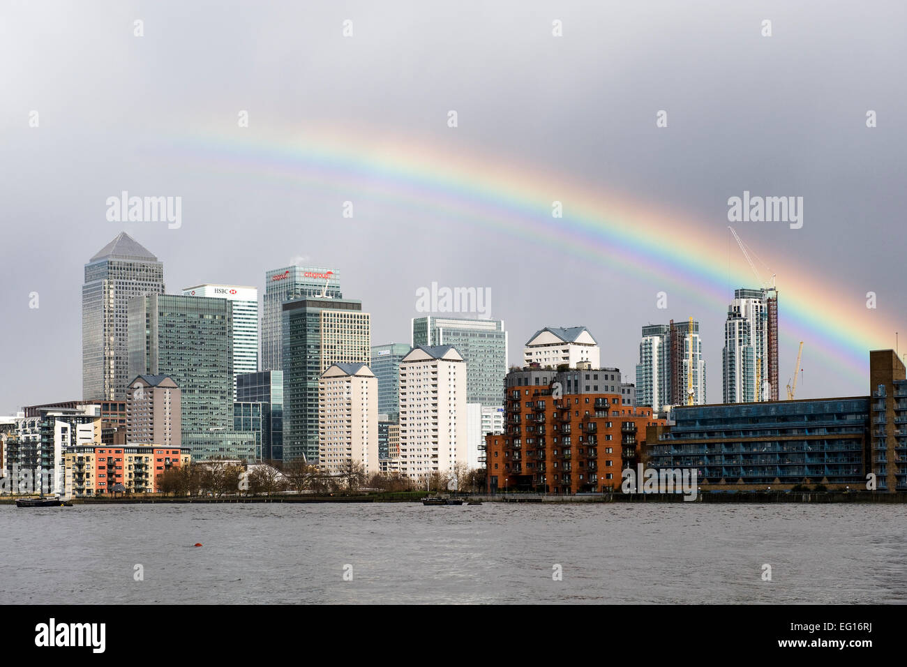rainbow over Canary wharf concept for improving economic / banking ...