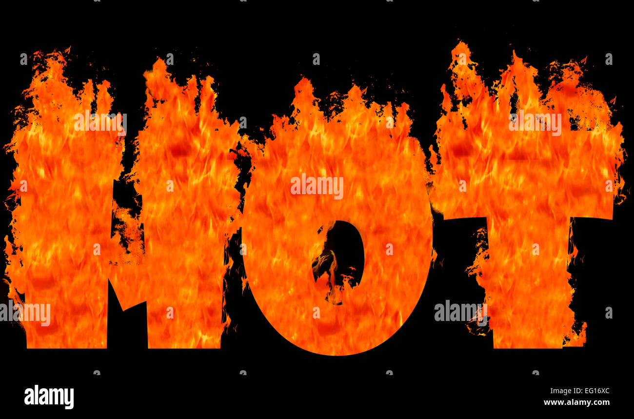 concept image of flaming words hot burn fire on plain background Stock ...