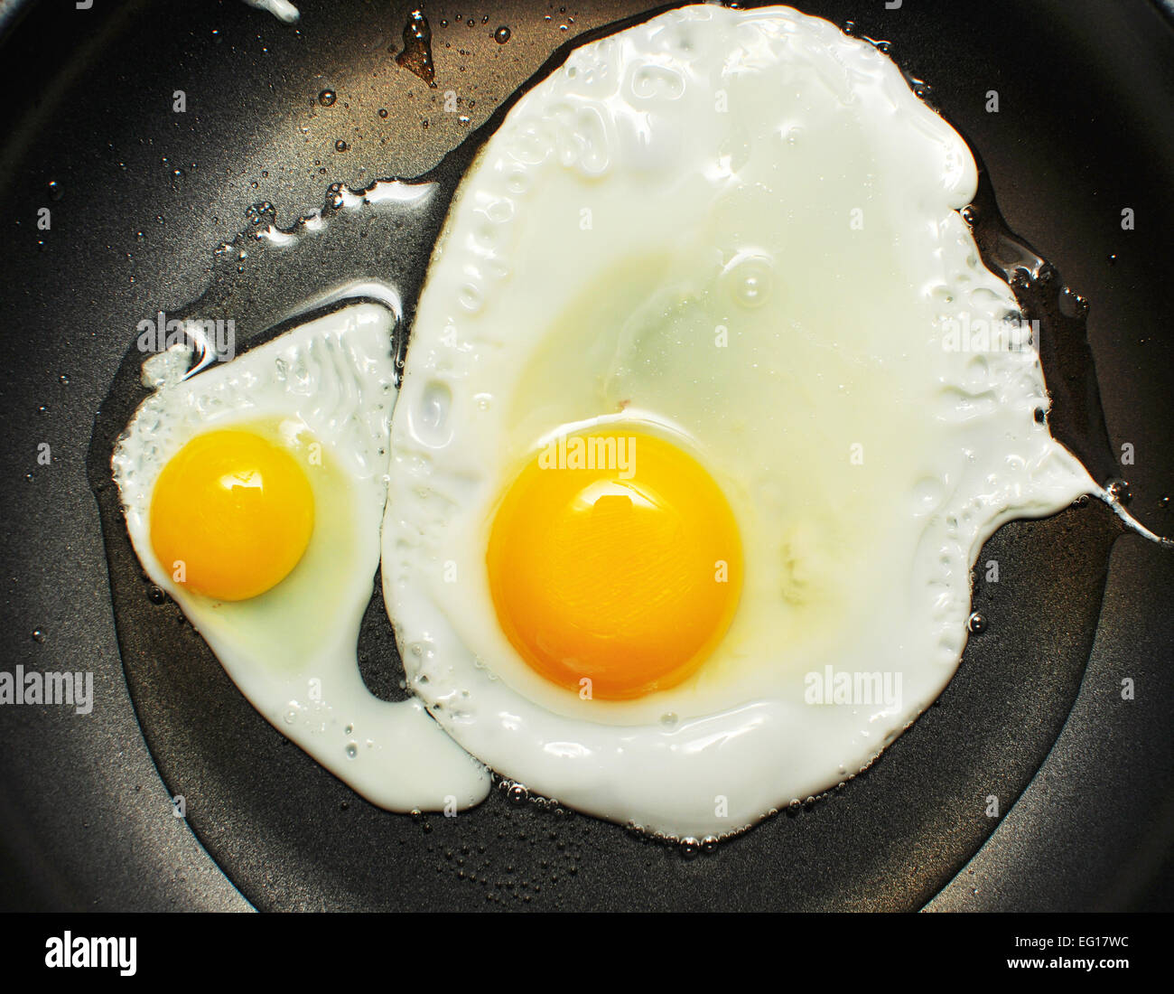 quail and hen eggs fried in black pan Stock Photo - Alamy