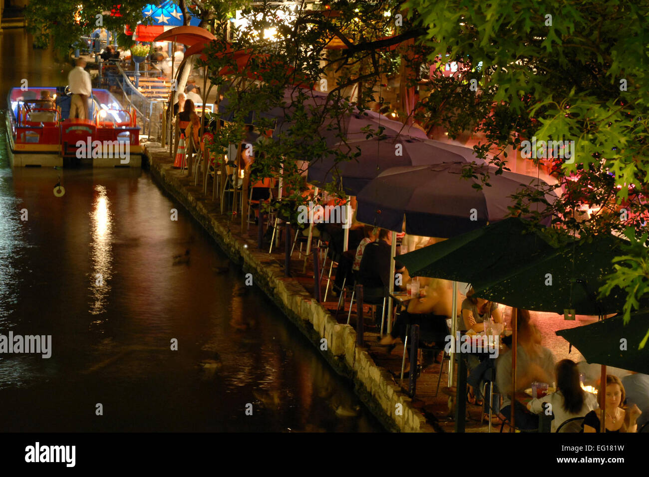 A Rio San Antonio Cruise boat docks along a local restaurant, Oct. 26 ...