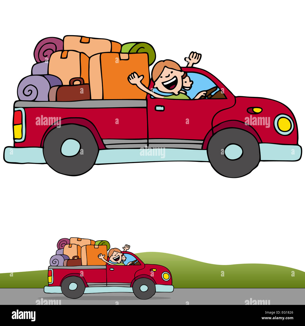 An image of a people riding in a pickup truck with luggage and boxes ...
