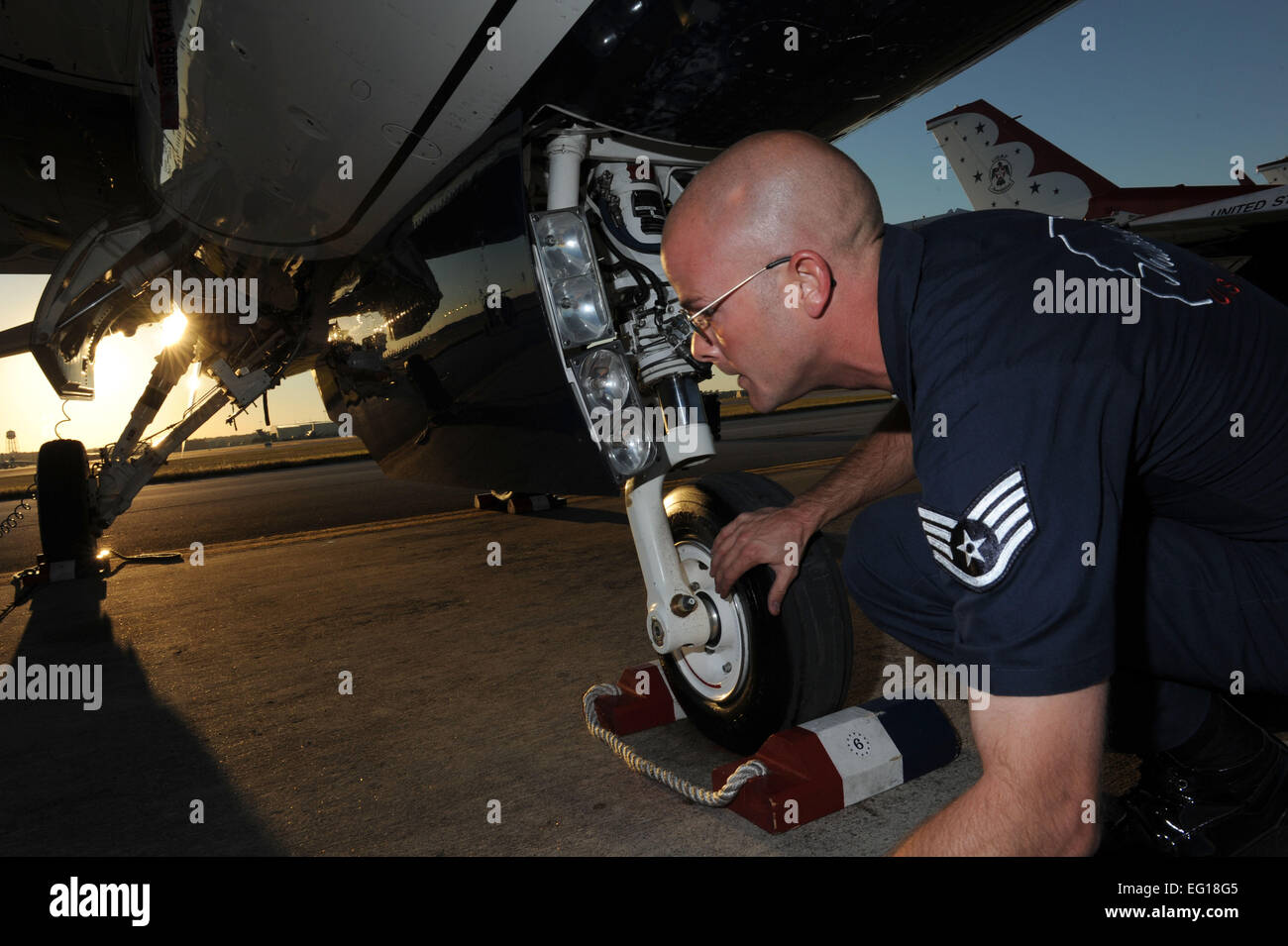 Staff Sgt. Lance Murphy, a Thunderbird crew chief, inspects his jet ...