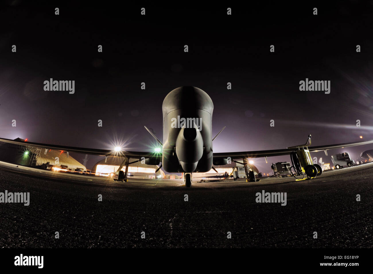 A U.S. Air Force EQ-4 Global Hawk unmanned aerial vehicle waits for its ...