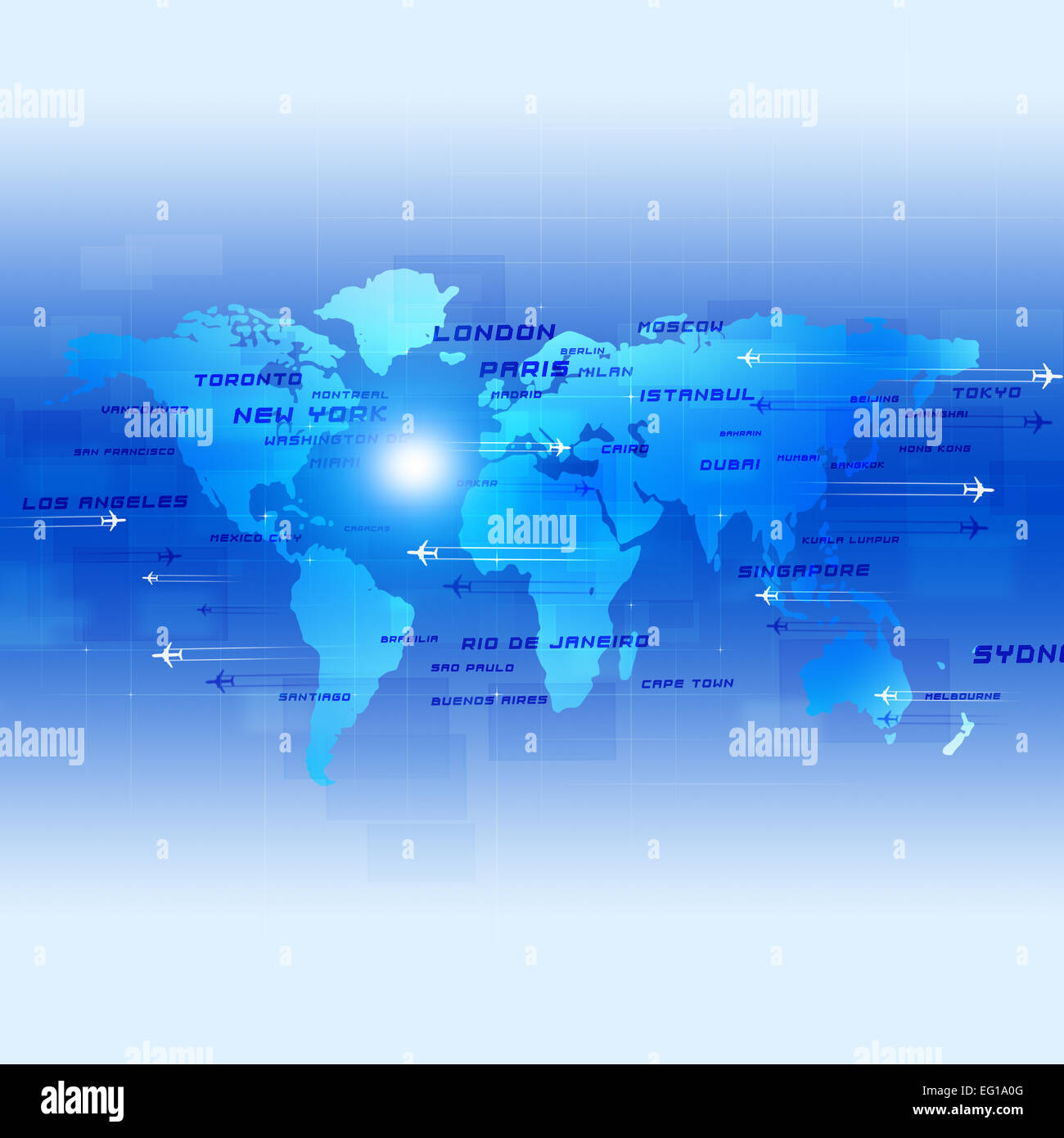 global aviation background with planes and city names on a map Stock ...