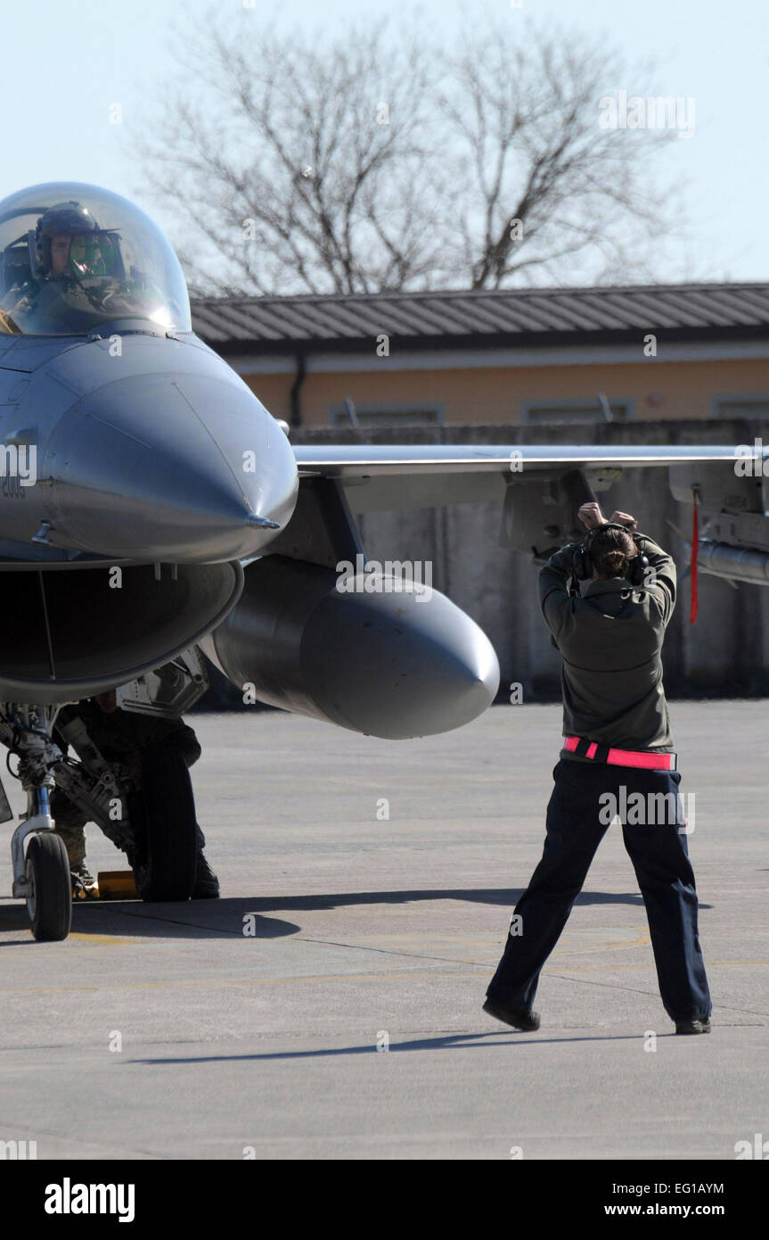 A U.S. Air Force flight crew member guides a U.S. Air Force F-16 ...