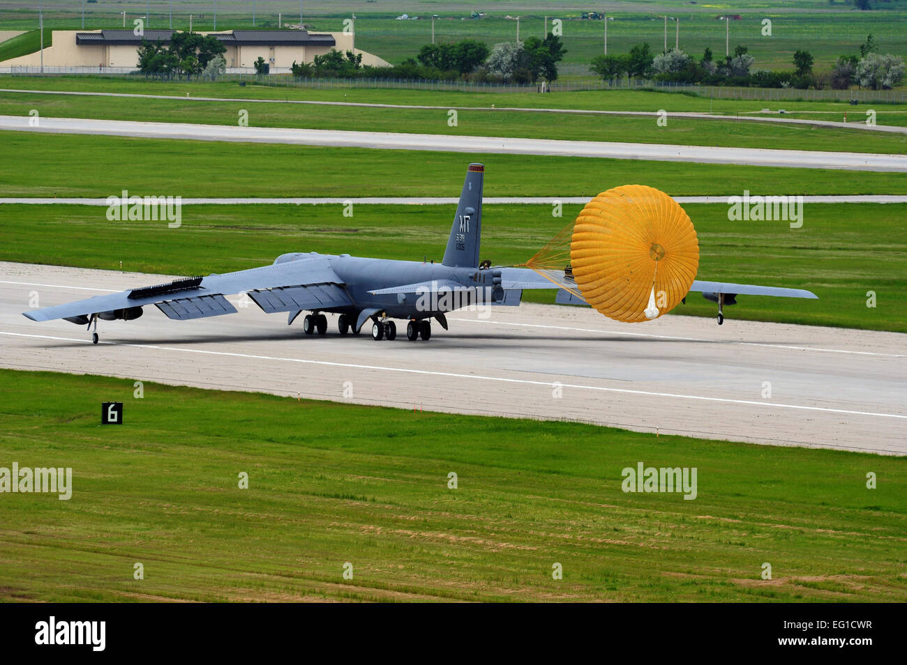 A U.S. Air Force B-52 Stratofortress bomber aircraft lands at Minot Air ...