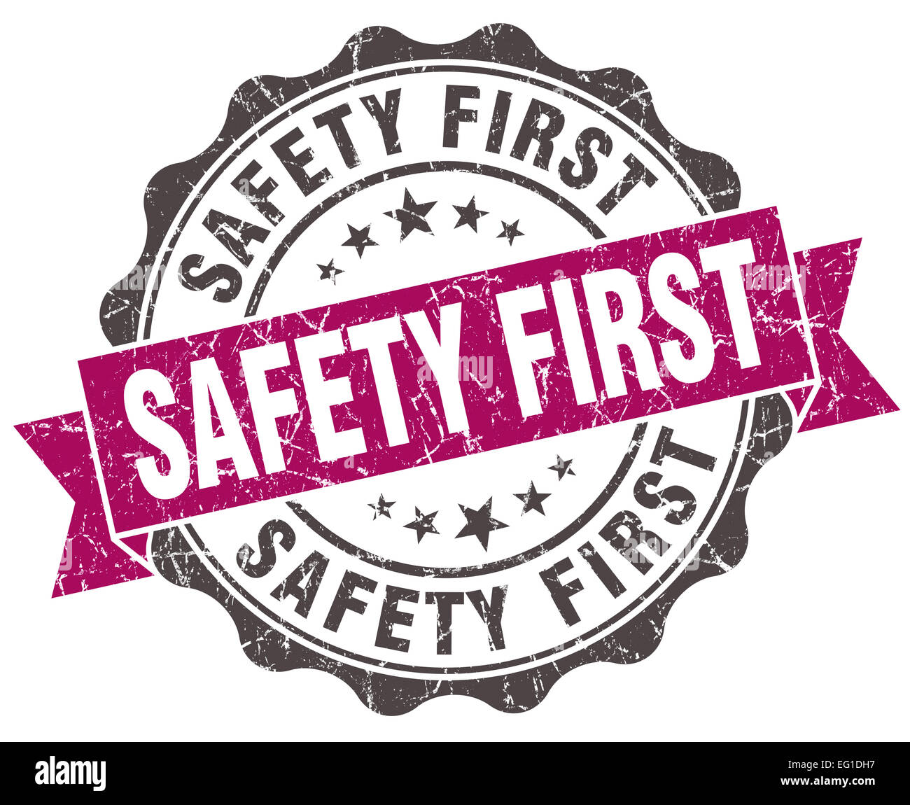 safety first grunge violet seal isolated on white Stock Photo - Alamy