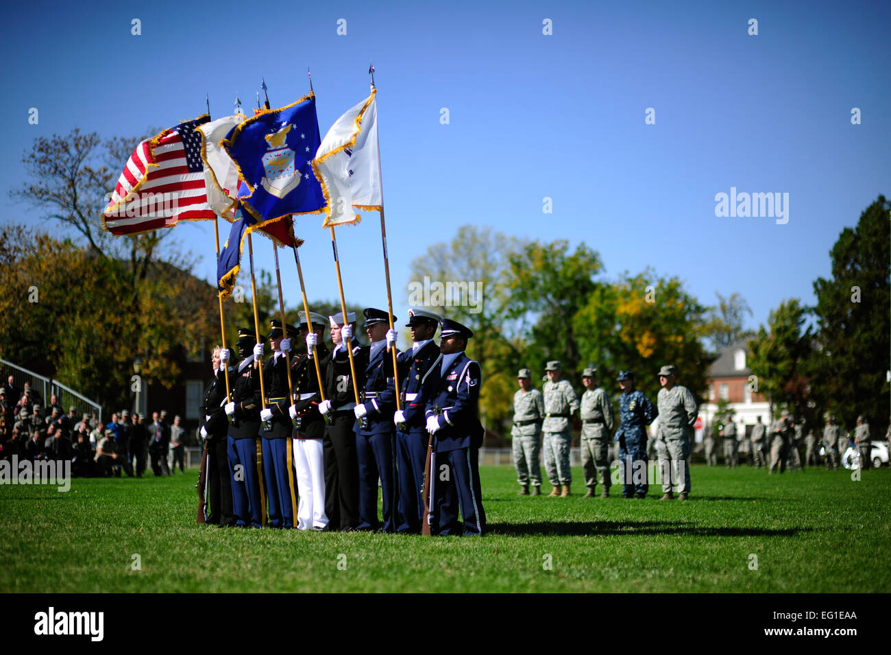 A color guard presents the colors during the U.S. Transportation ...