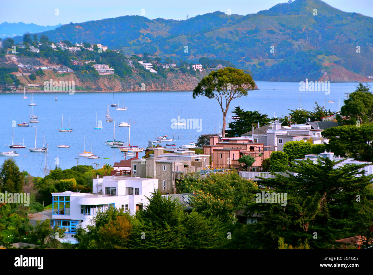 view of angel island and San Francisco Bay from Sausalito Hills Stock ...