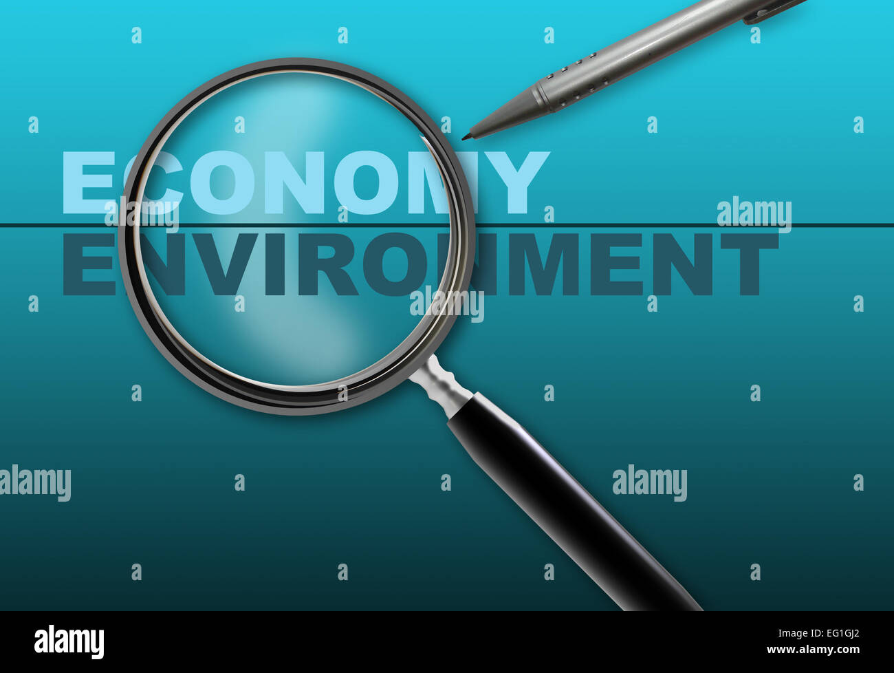 word economy - environment and magnifying glass with pencil made in 2d ...