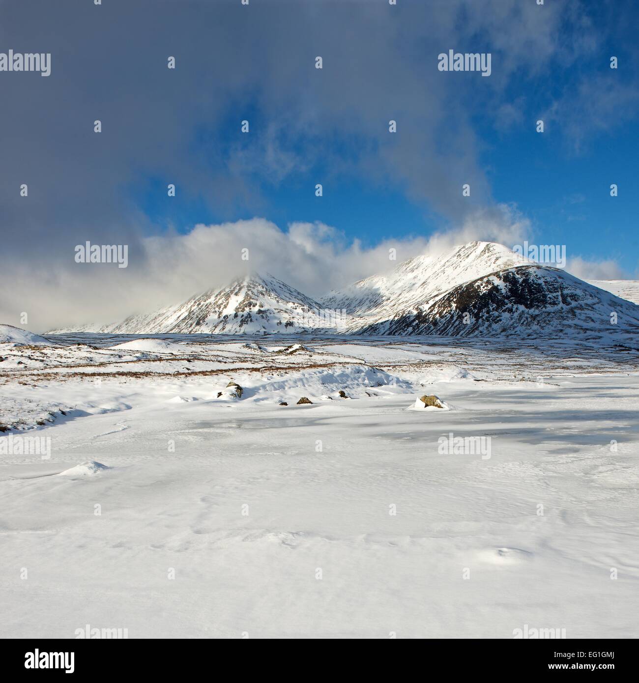 A cold winters day in Scotland with a frozen snowy landscape with views ...