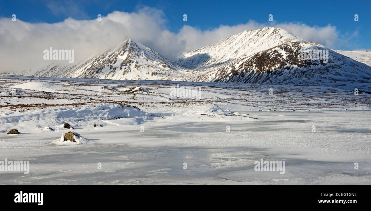 A cold winters day in Scotland with a frozen snowy landscape with views ...