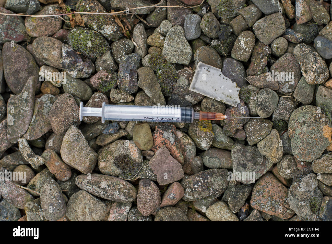 Hypodermic syringe discarded by an injecting drug user in a neglected ...