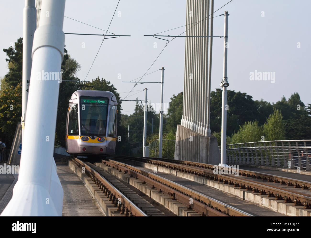 Suspension bridge on the Luas commuter line in Dublin at Dundrum ...