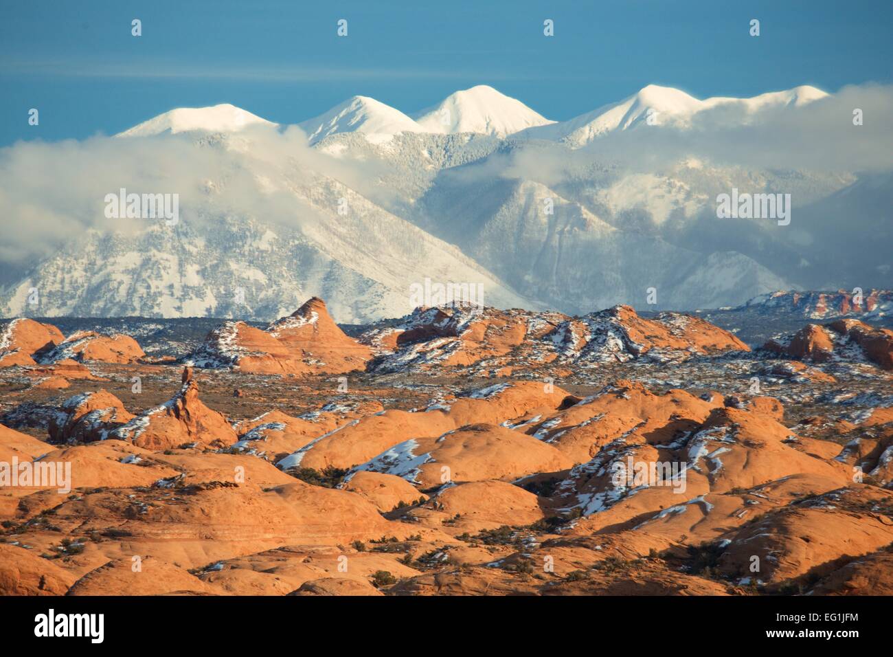 Arches National Park near Moab, Utah in winter with snow and the La Sal ...