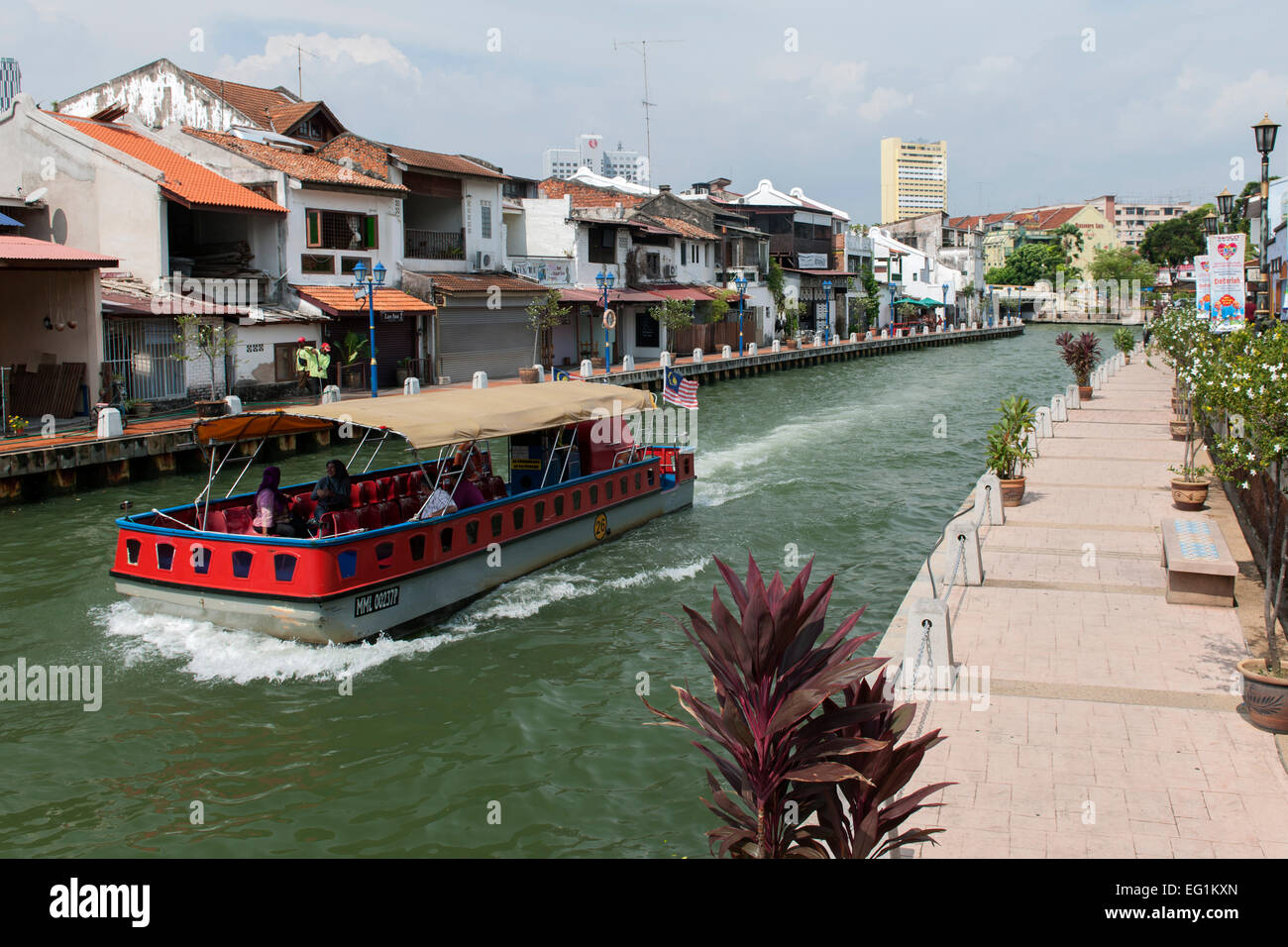 A boat on the Malacca River which flows through Malacca town, Malaysia ...