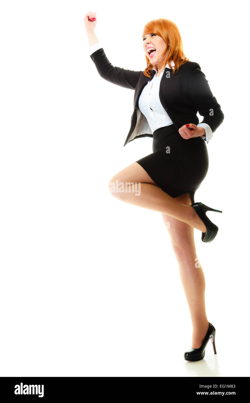 Success in business work. Young businesswoman in full length happy girl ...