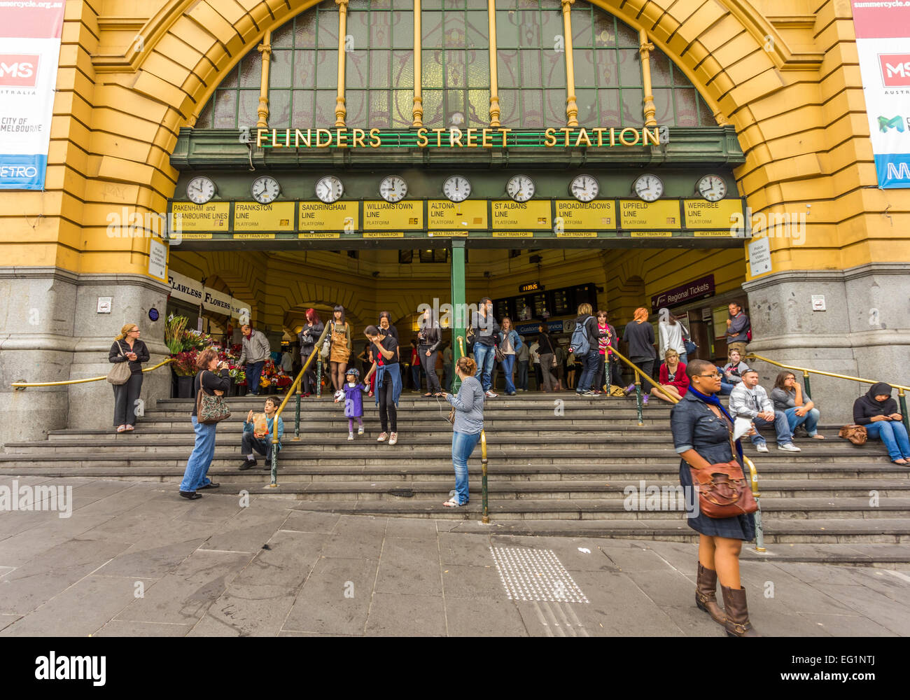 Under the clocks at Flinders street rail station, Melbourne Australia ...
