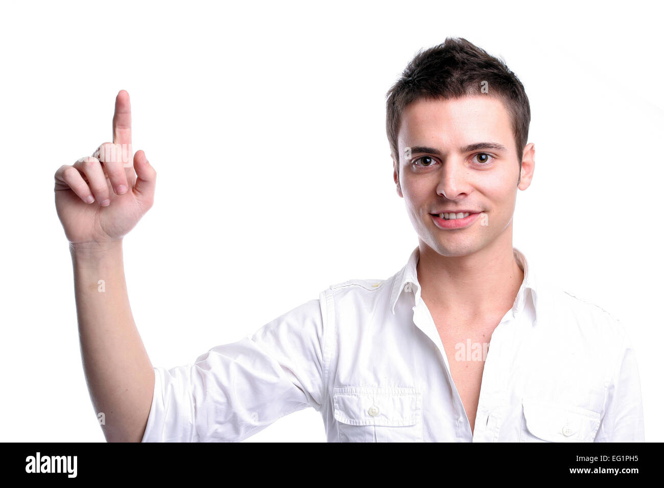 Young business man pressing key - Isolated over white background Stock ...