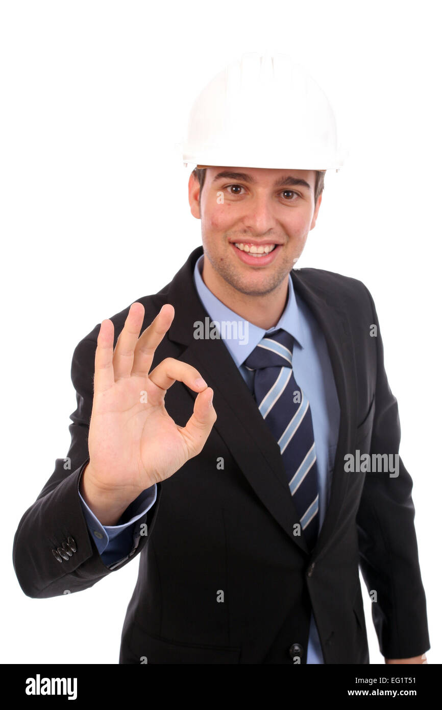 Young Engineer posing isolated over white background - Focus on Hand ...