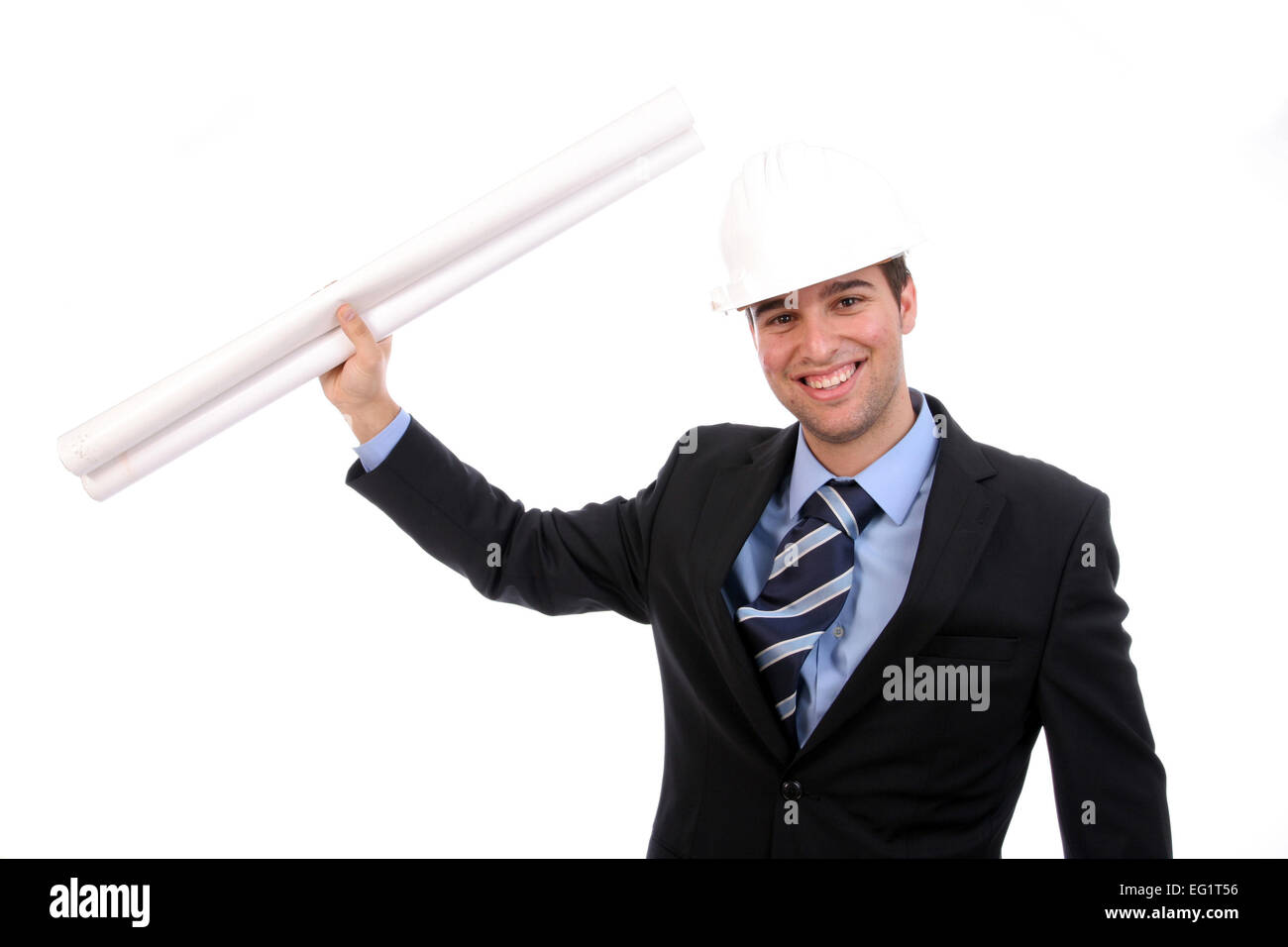Successful engineer, very happy with new project, isolated in white ...