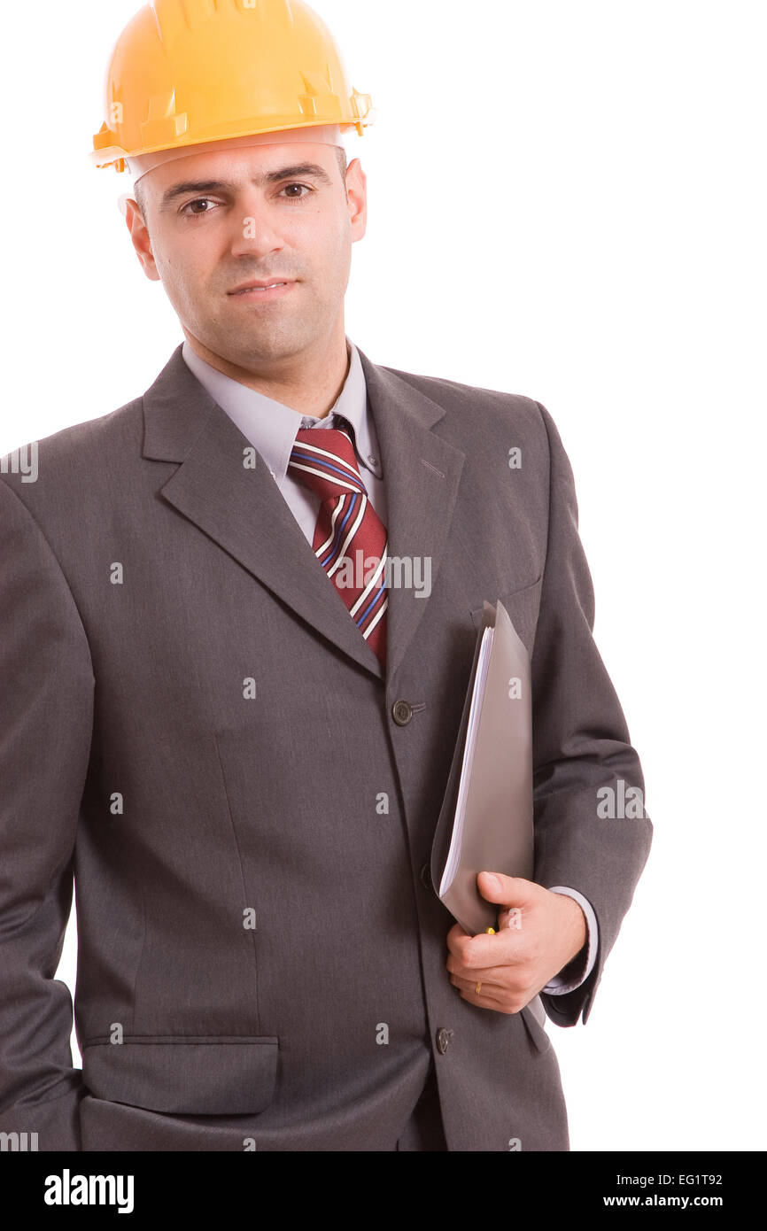 Engineer posing isolated over white background Stock Photo - Alamy