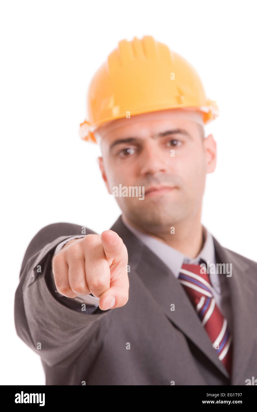 Engineer with yellow hat, pointing forward - focus on finger Stock ...