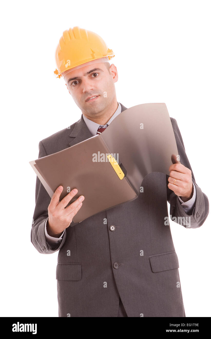 Engineer posing isolated over white background Stock Photo - Alamy