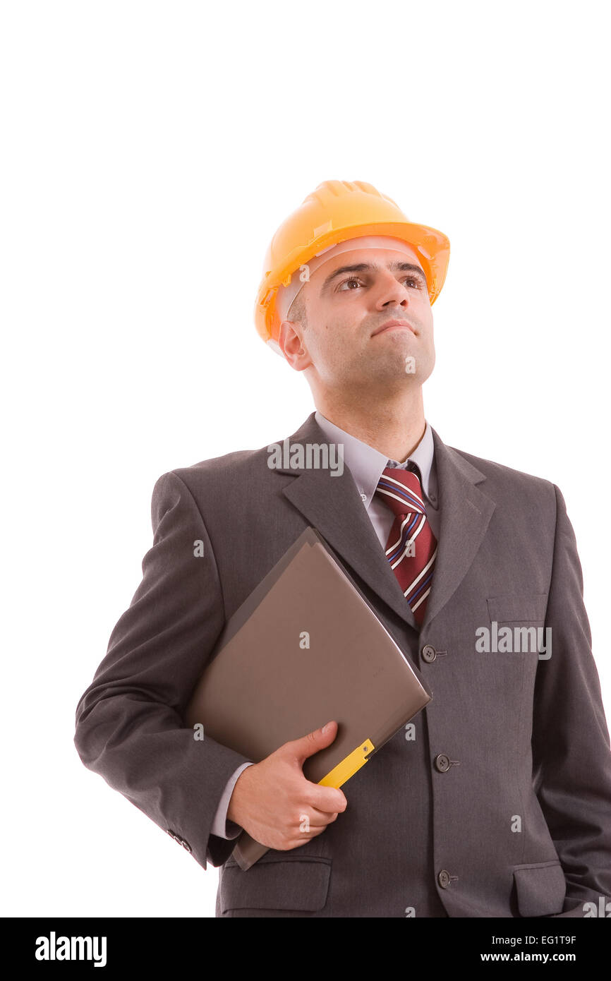 Engineer posing isolated over white background Stock Photo - Alamy