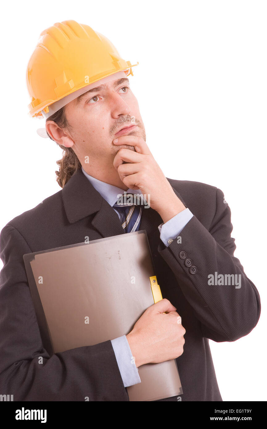 Engineer posing isolated over white background Stock Photo - Alamy