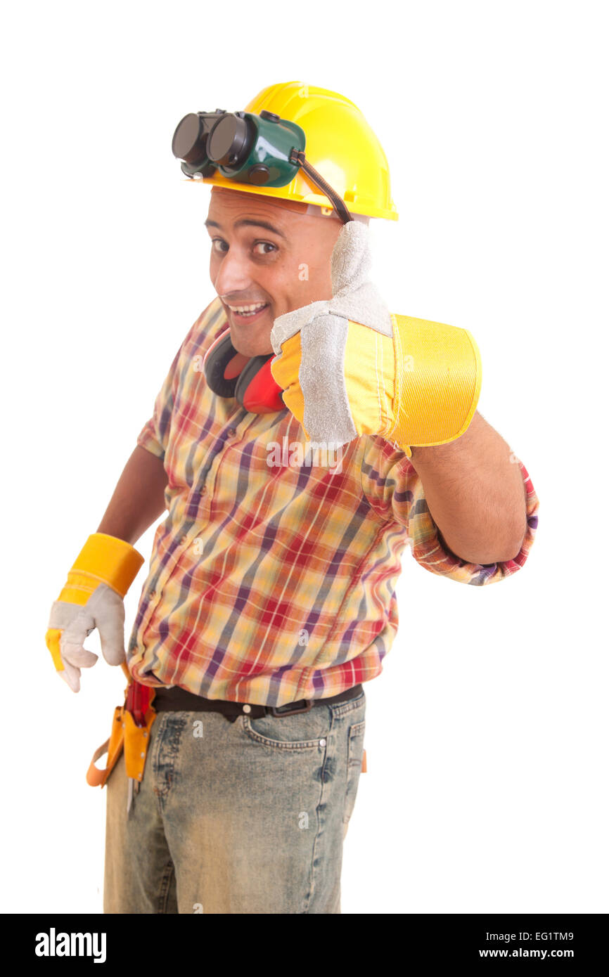 Happy construction worker, isolated on white Stock Photo - Alamy