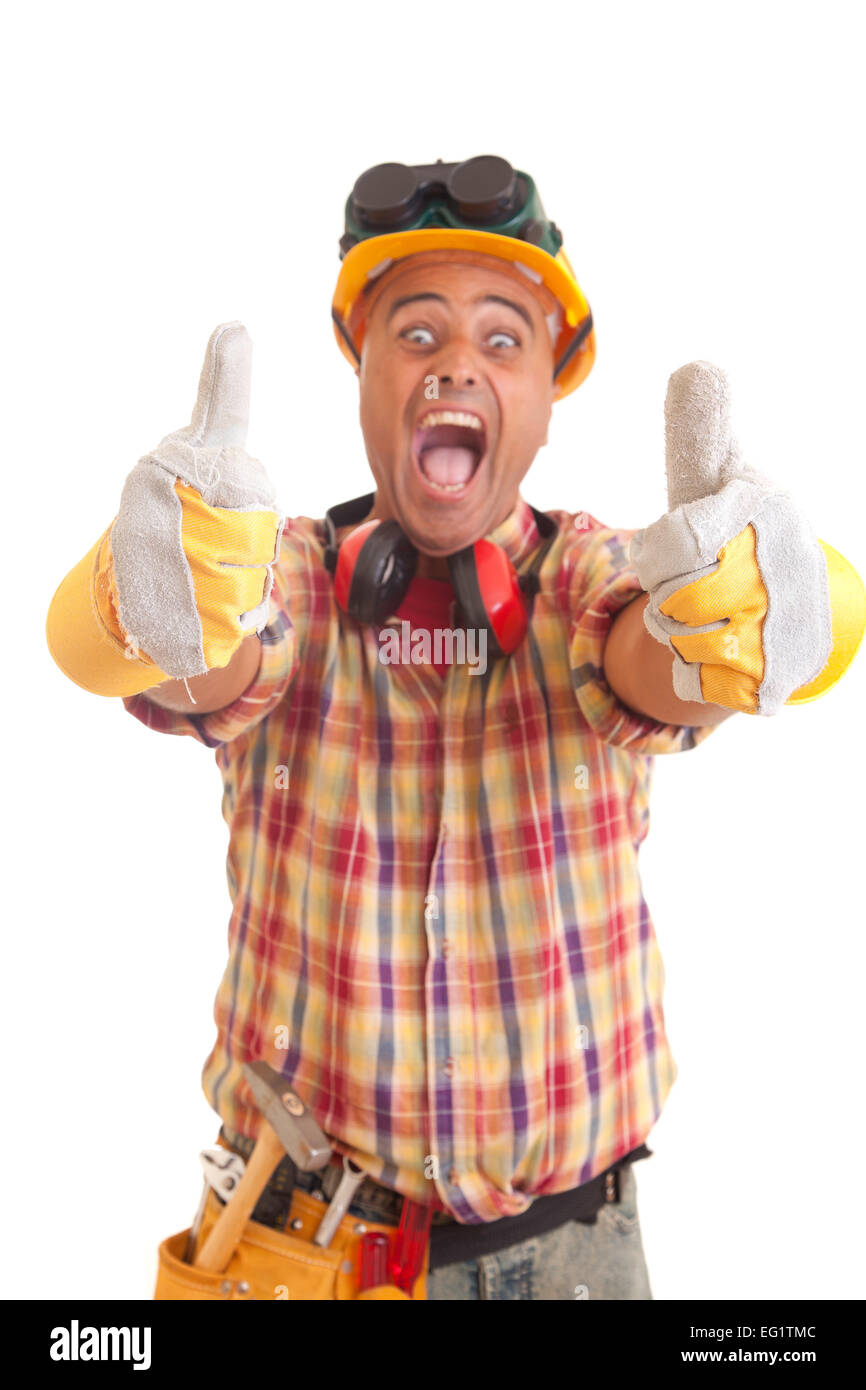 Happy construction worker, isolated on white Stock Photo - Alamy
