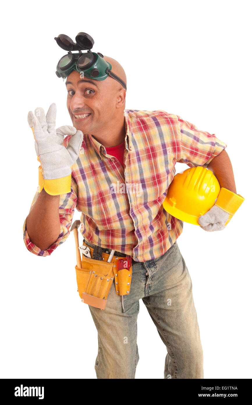 Happy construction worker, isolated on white Stock Photo - Alamy