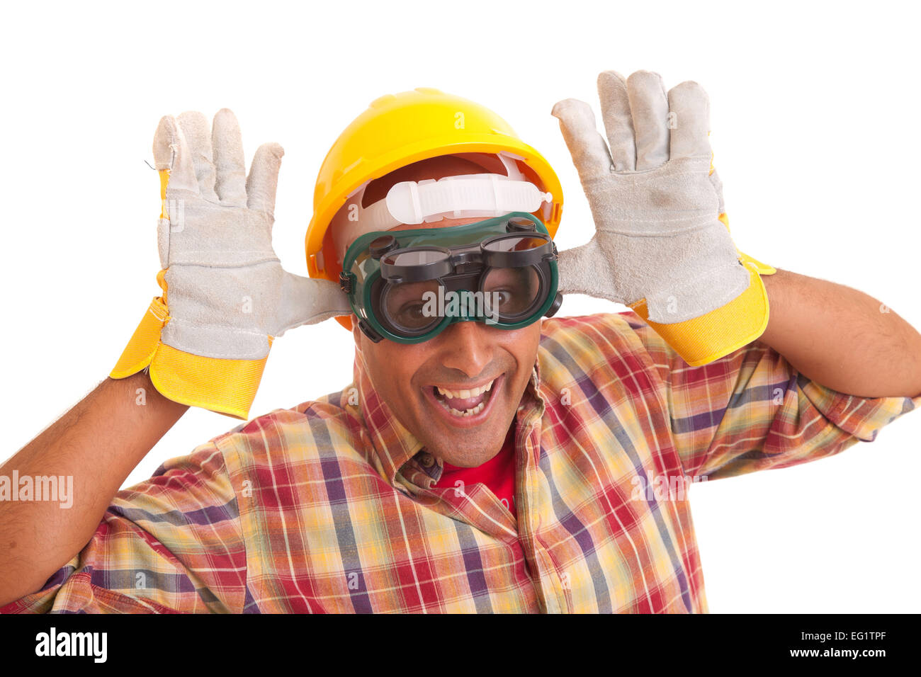 Happy construction worker, isolated on white Stock Photo - Alamy