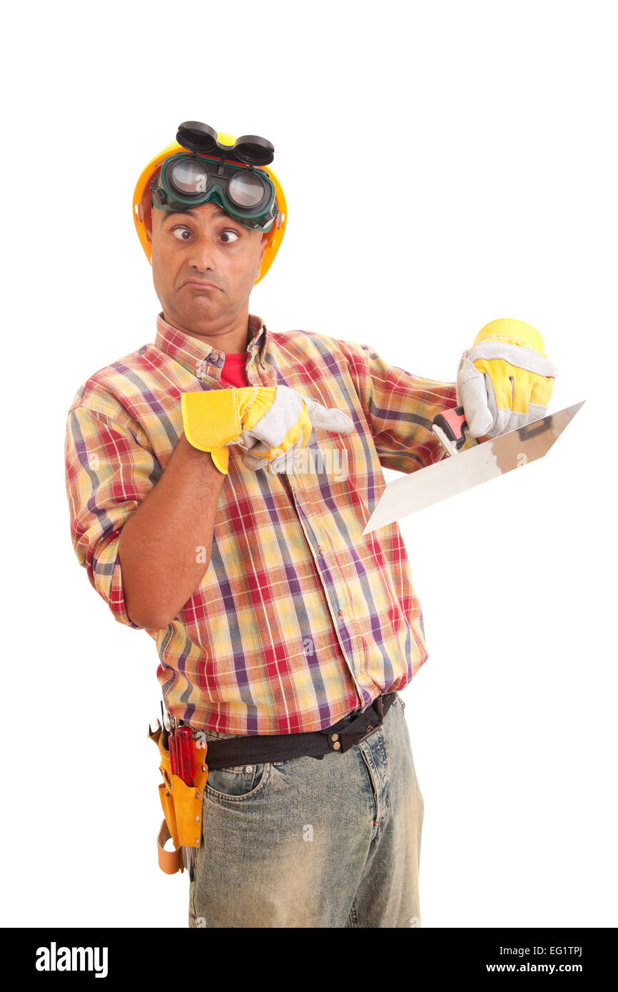 Silly construction worker, isolated on white Stock Photo - Alamy