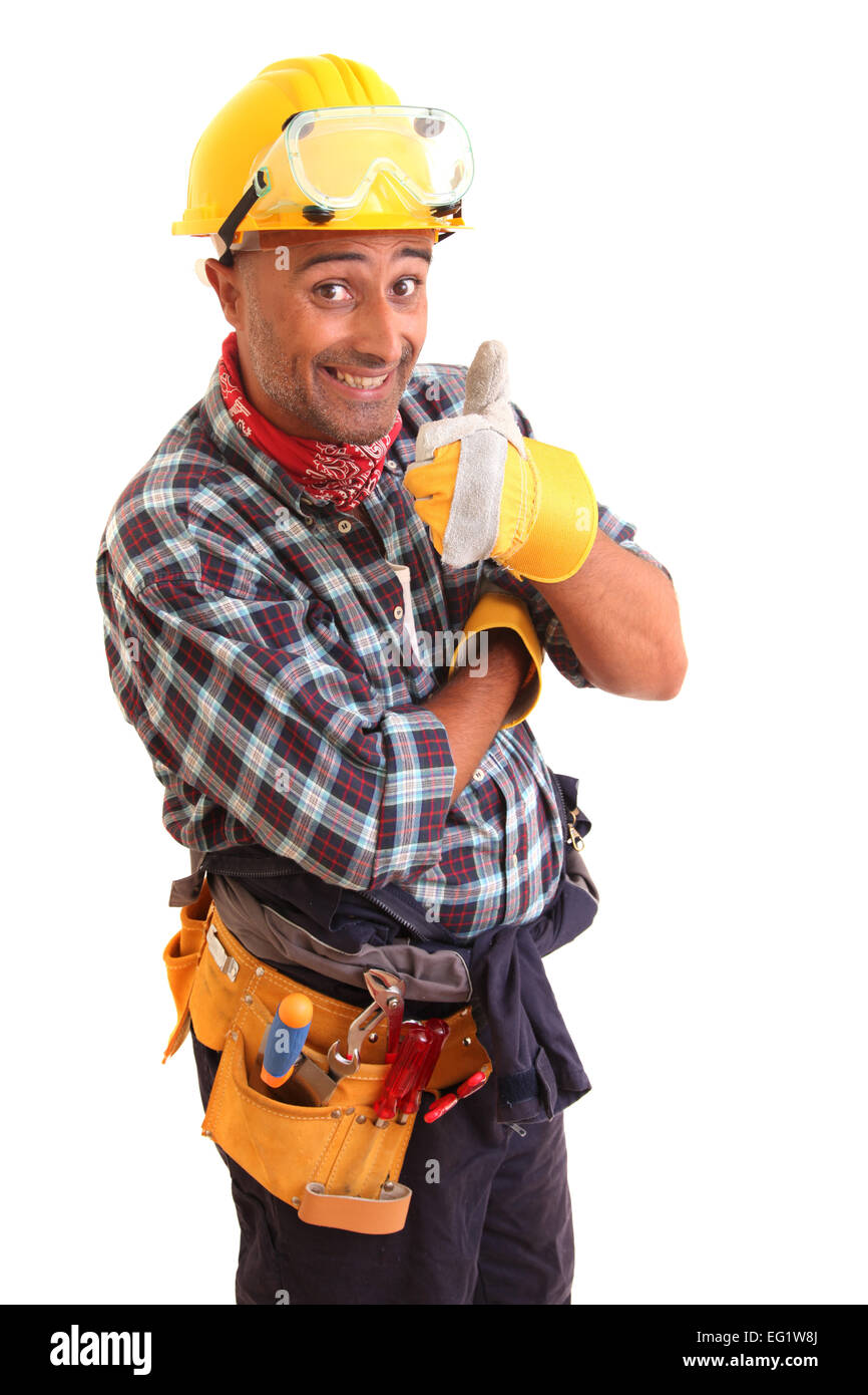 Happy construction worker, isolated on white Stock Photo - Alamy