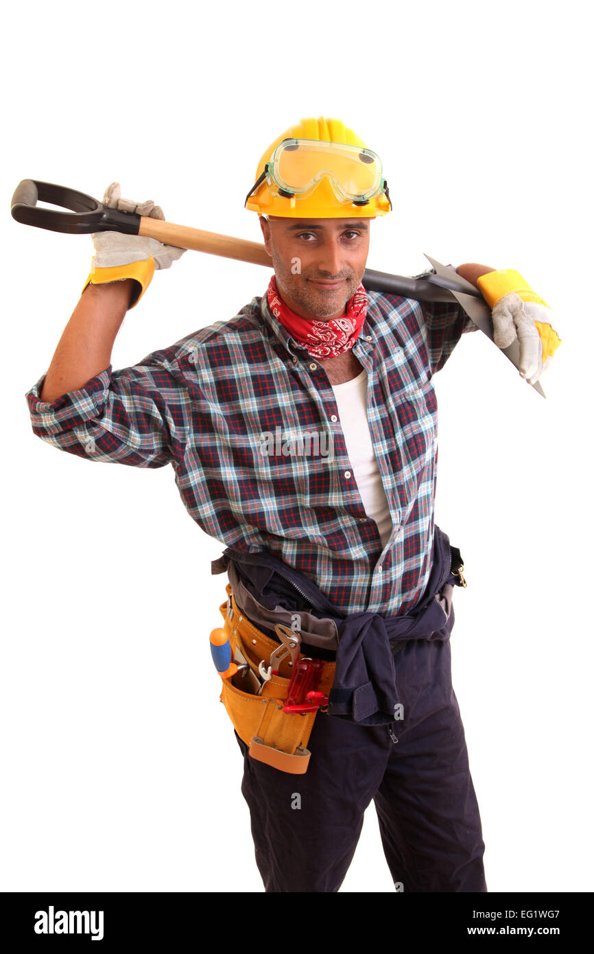 Construction worker, isolated over white background Stock Photo - Alamy