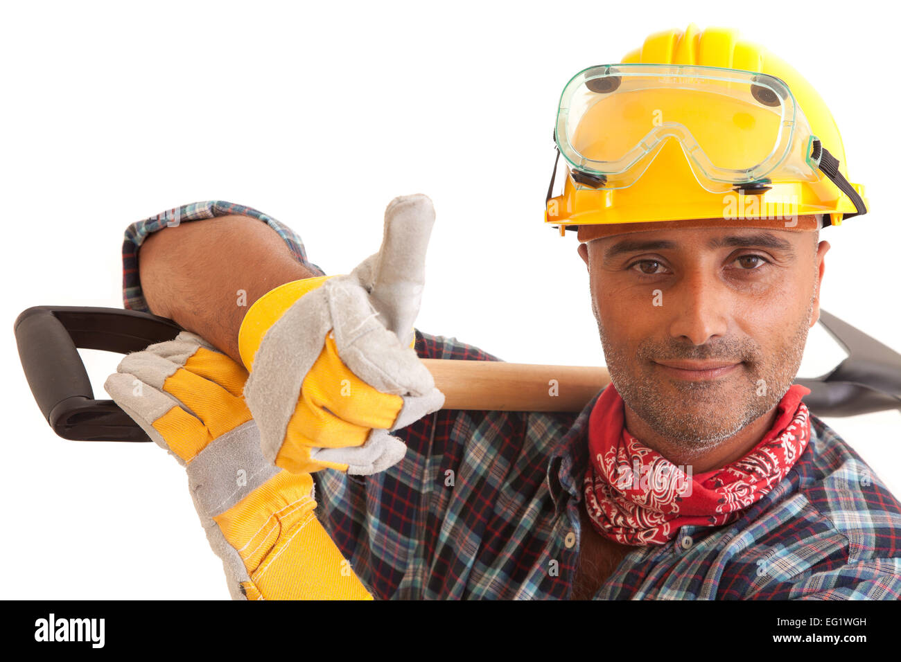 Happy construction worker, isolated on white Stock Photo - Alamy