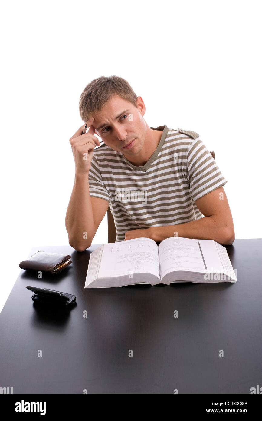 Young boy studying, isolated over white background Stock Photo - Alamy