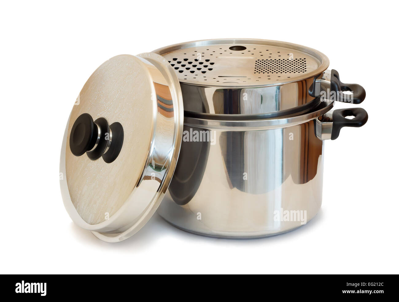 A large stainless steel pot with lid and convenient carry handles ...