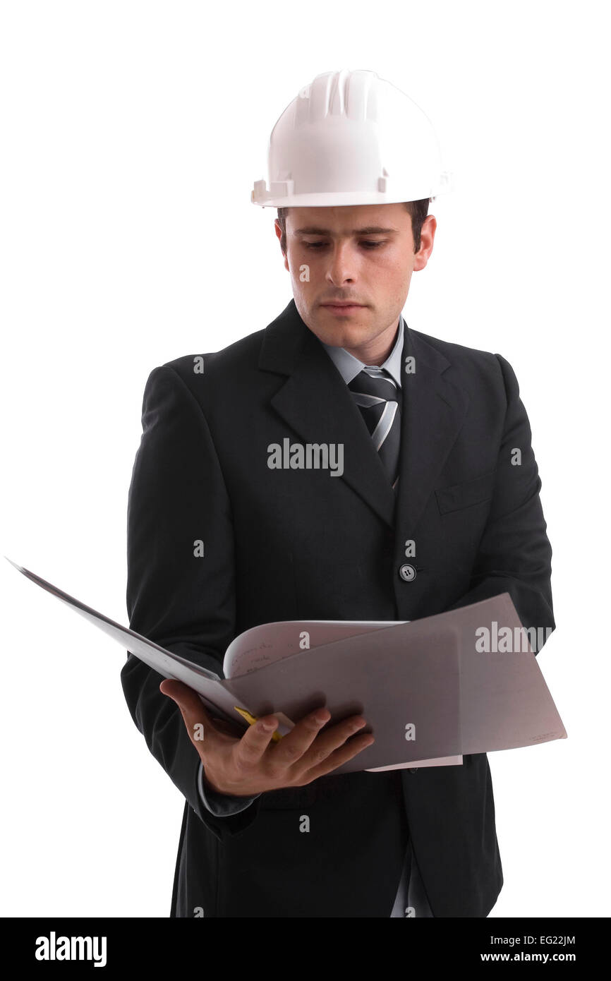 Young Engineer, reading a plan, isolated on white Stock Photo - Alamy