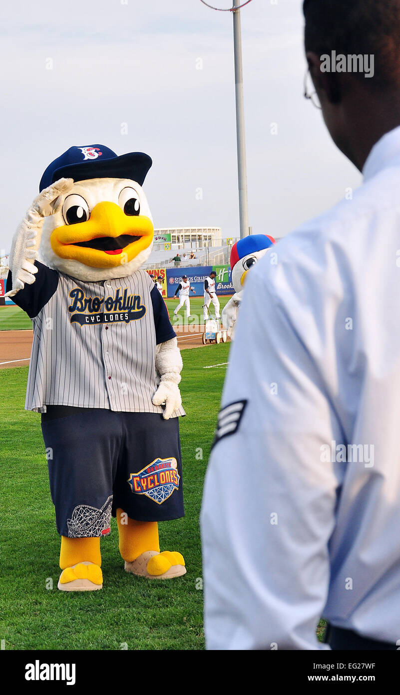 The Brooklyn Cyclones mascot salutes Airmen from Joint Base McGuire-Dix ...