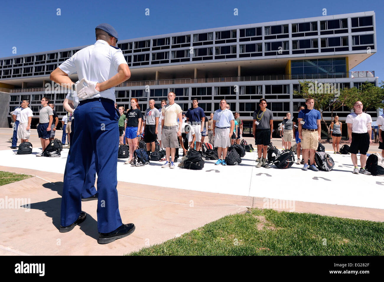 U.S. Air Force Academy cadet cadre members survey a group of basic ...