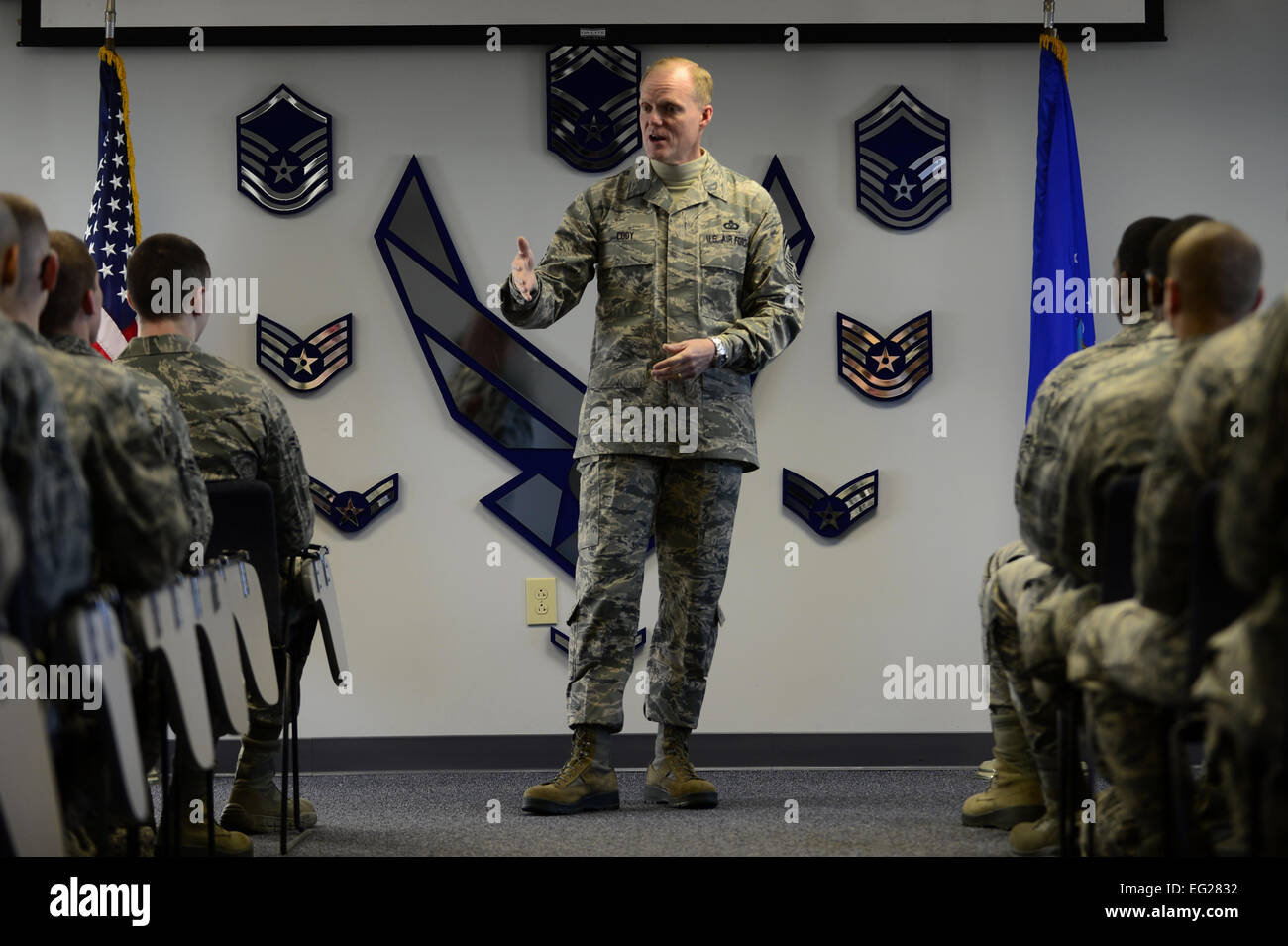 Chief Master Sgt. of the Air Force James A. Cody speaks to Airmen at ...