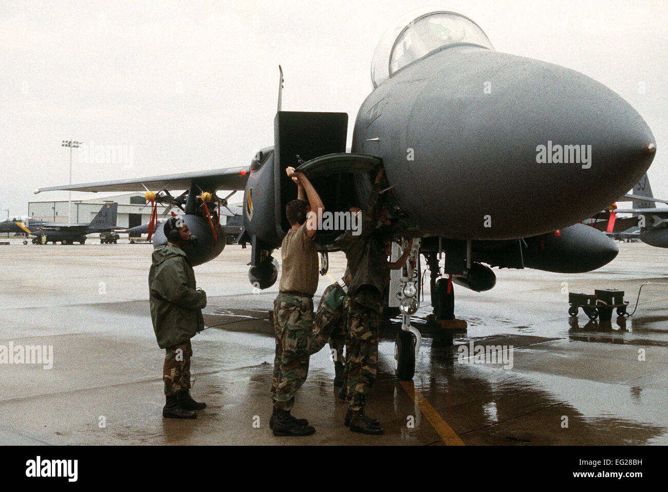Ground crew members perform a preflight check on an F-15E Eagle ...