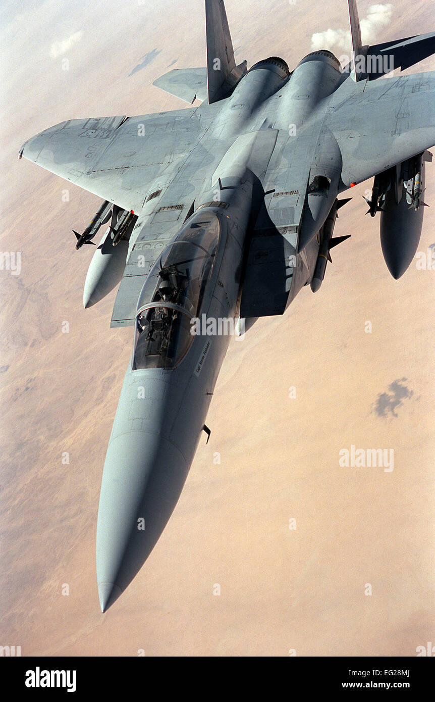 An F-15 Eagle aircraft flies a patrol over the desert during the cease ...